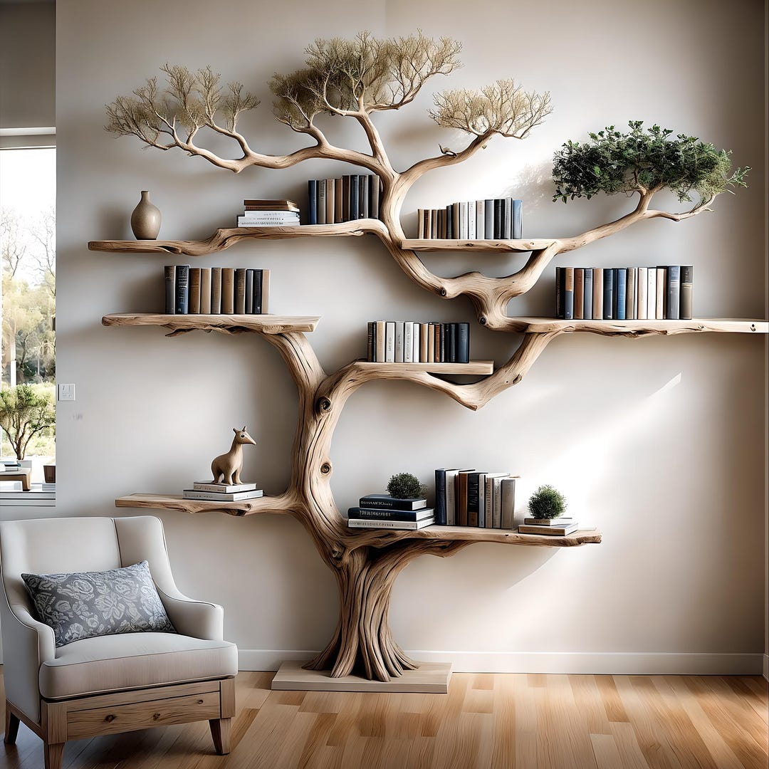 Decorative Bookshelf With Solid Wood Branches, Artistic Accent on the ...