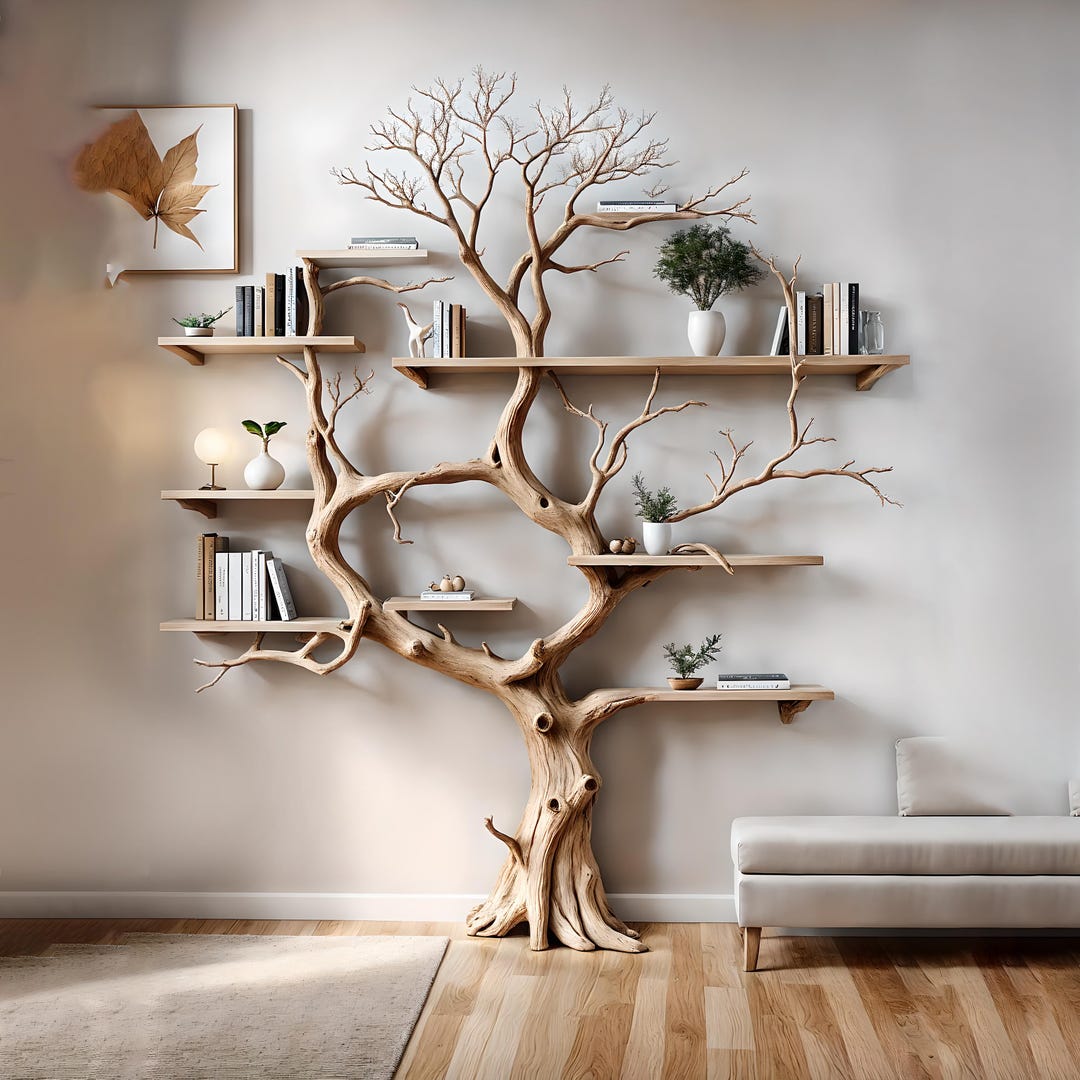 Decorative Wooden Shelves With Tree Branches and Handmade Wall Shelves ...