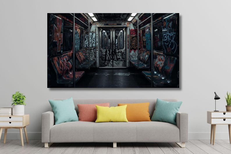 Metro Trains on Subway Station Painted With Graffiti, Urban Canvas Wall ...