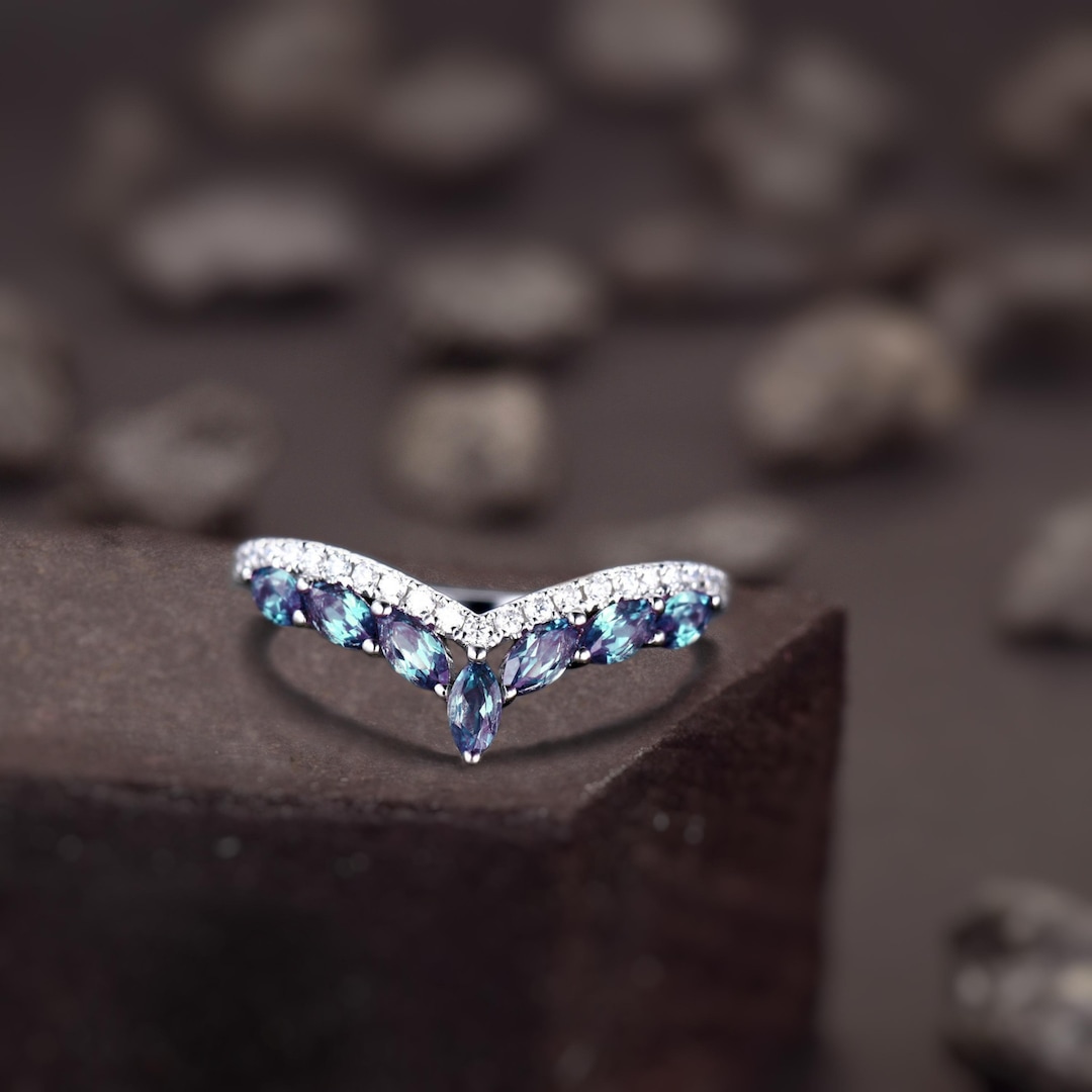 Marquise Alexandrite Wedding Ring: Rose Gold Moissanite Sterling Silver ...