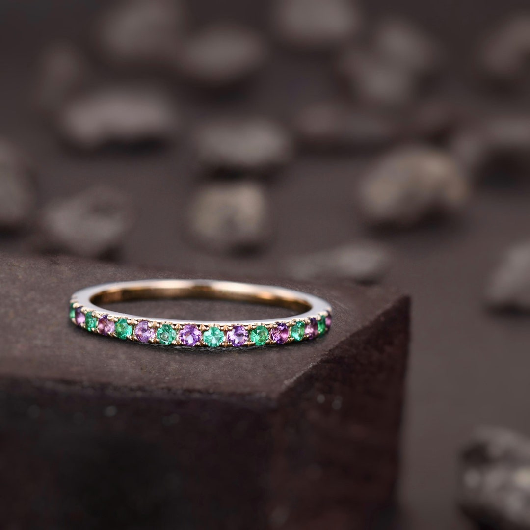 14k Gold Amethyst Emerald Ring Green Emerald Half Eternity Dainty ...