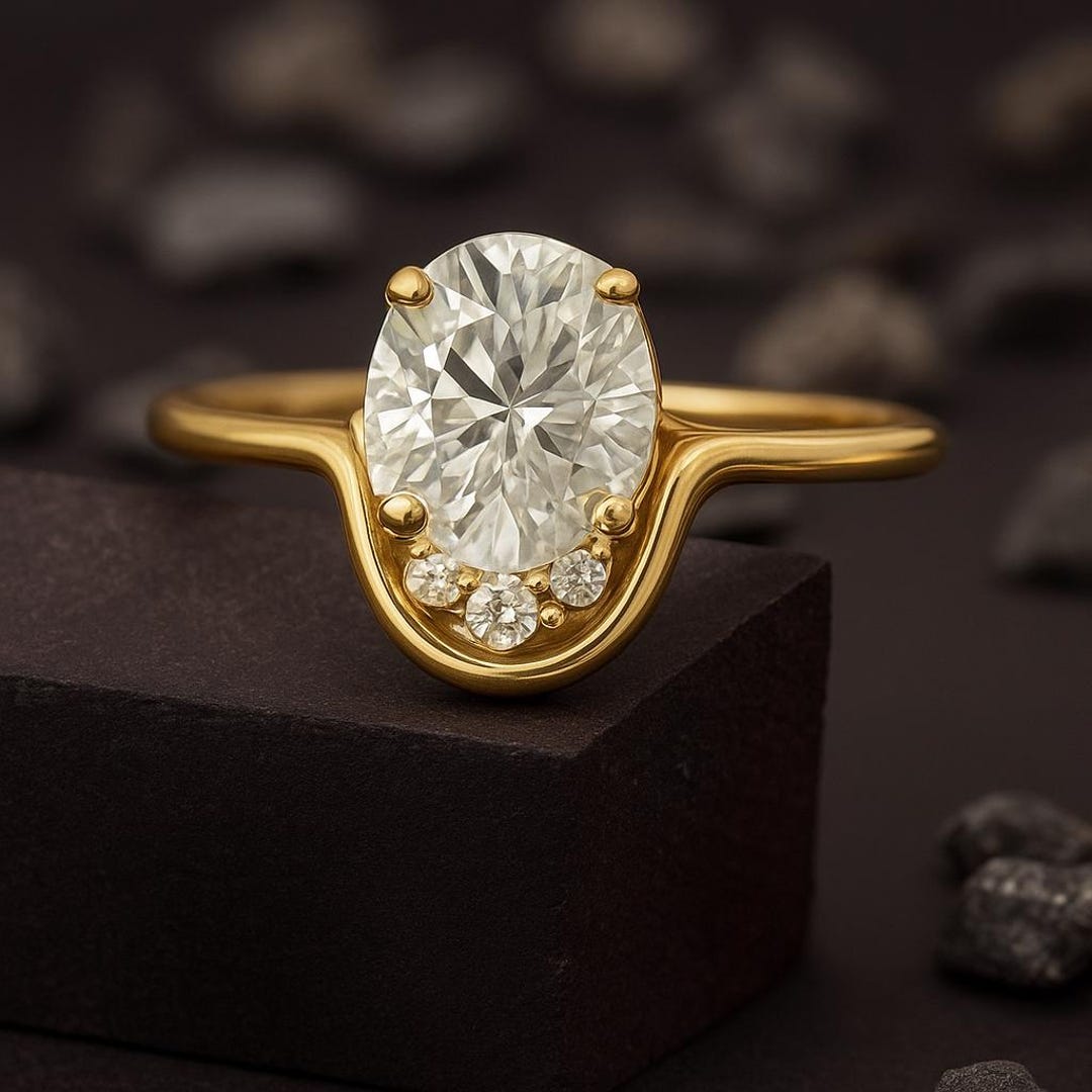 Round Cut Moissanite Wedding Ring, 14K Solid U Shaped Gold Solitaire ...