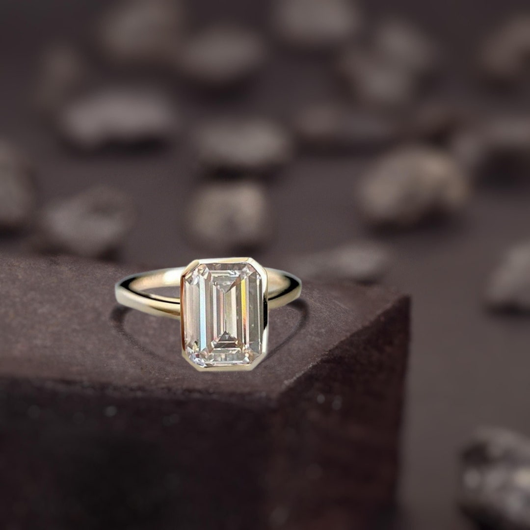 Radiant Cut Moissanite Bezel Set Engagement Ring, 14K Bezel Set Ring ...
