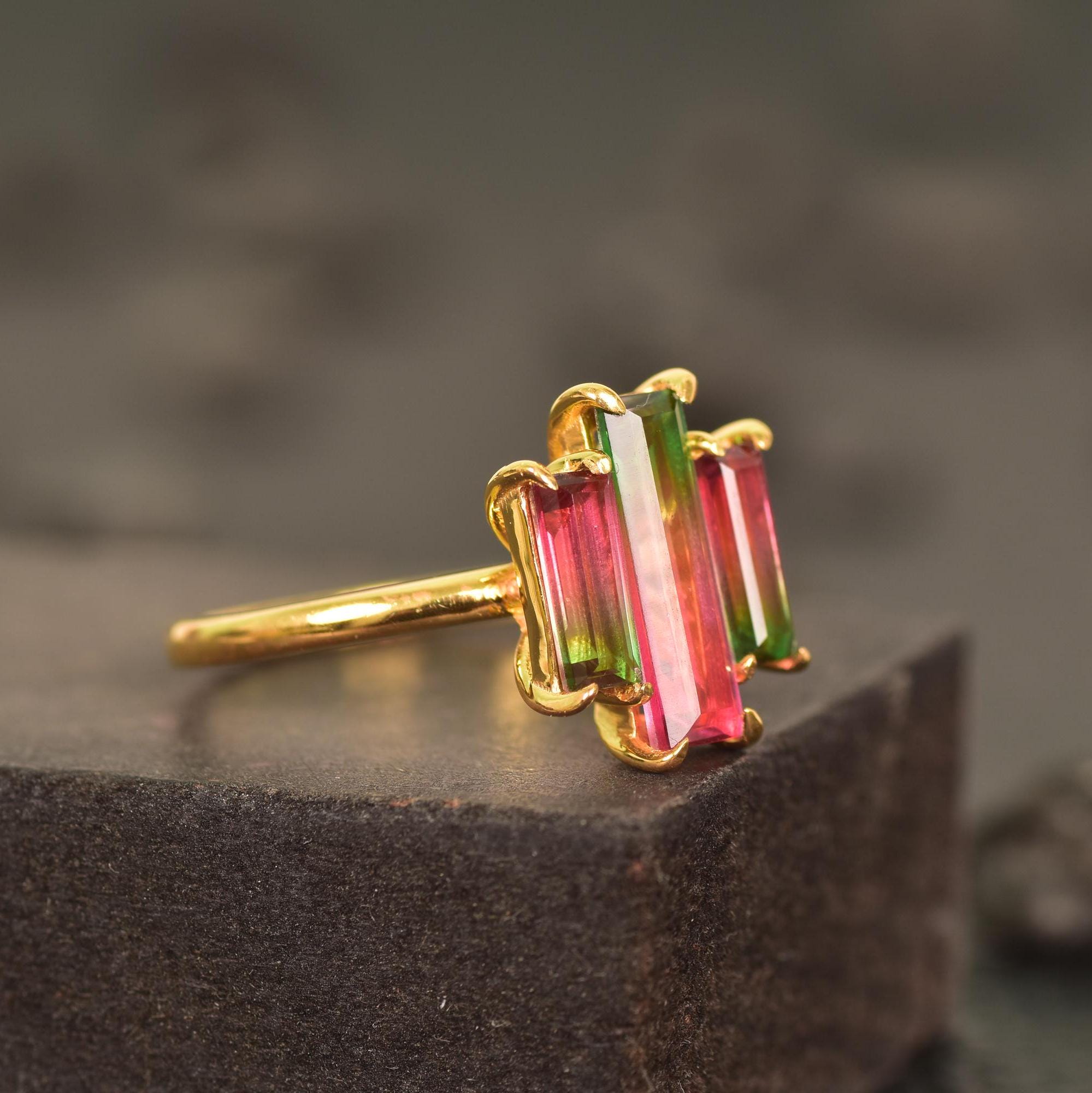 Watermelon Tourmaline Ring, Baguette Engagement Ring, Pink Green Three ...