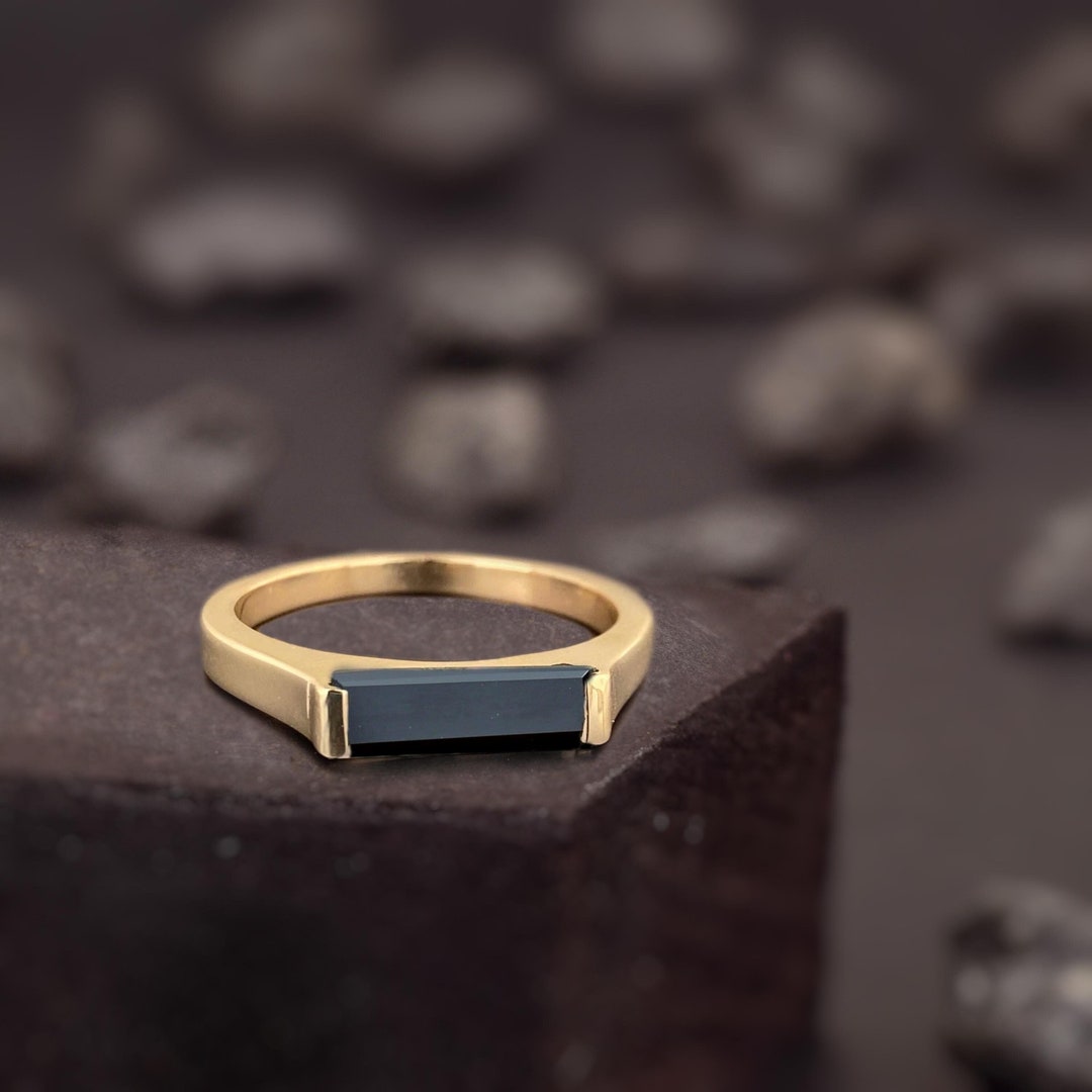 Natural Black Onyx Ring, Rectangle Bar Gemstone Ring, 18k Rose Gold ...