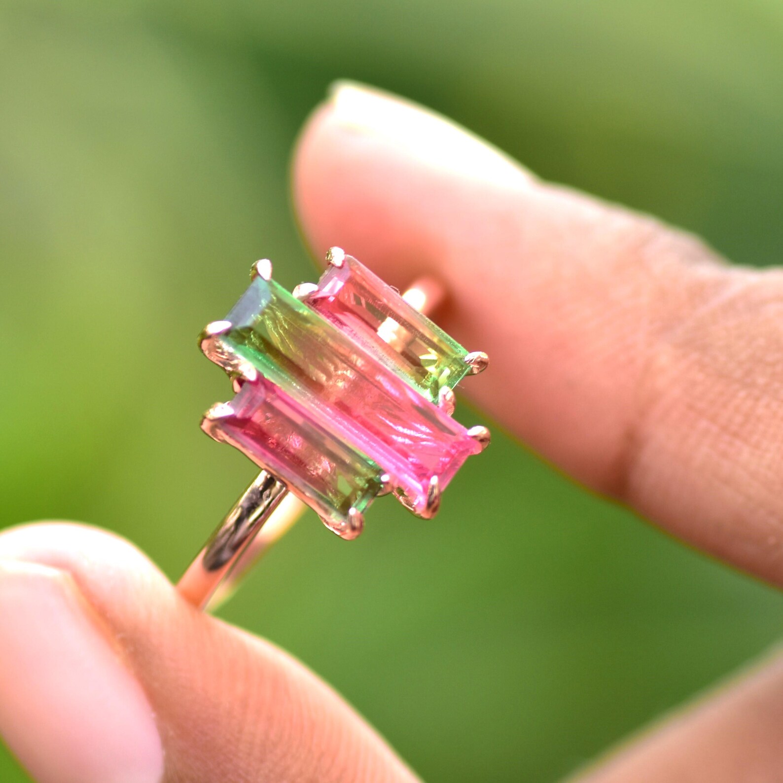 Watermelon Tourmaline Ring, Baguette Engagement Ring, Pink Green Three ...