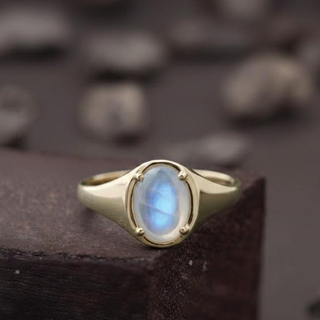 Oval Cut Moonstone Signet Ring, Solitaire Engagement Ring, Dainty Prong ...