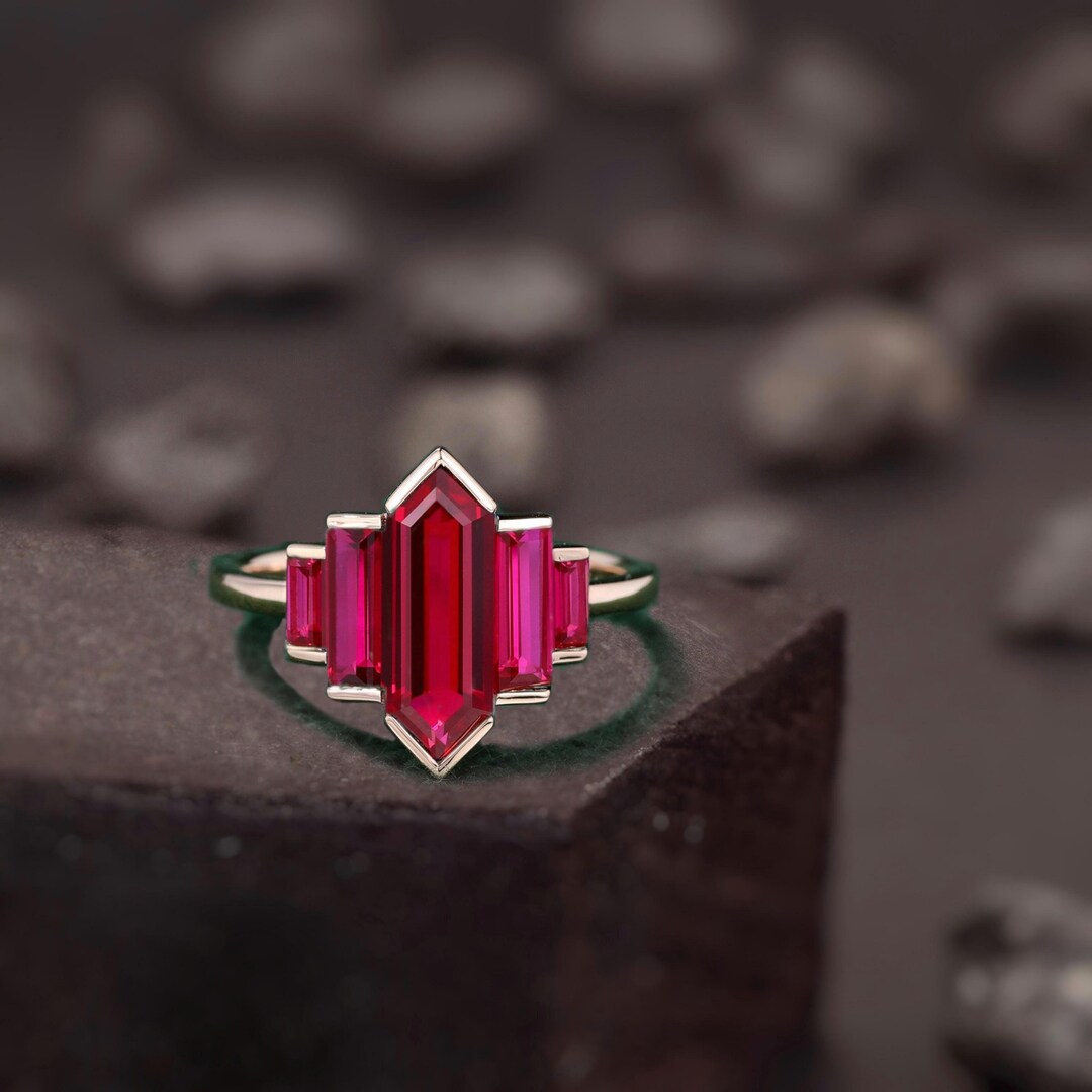 Unique Long Hexagon Ruby Ring, Vintage Rose Gold Bezel Set Sterling ...