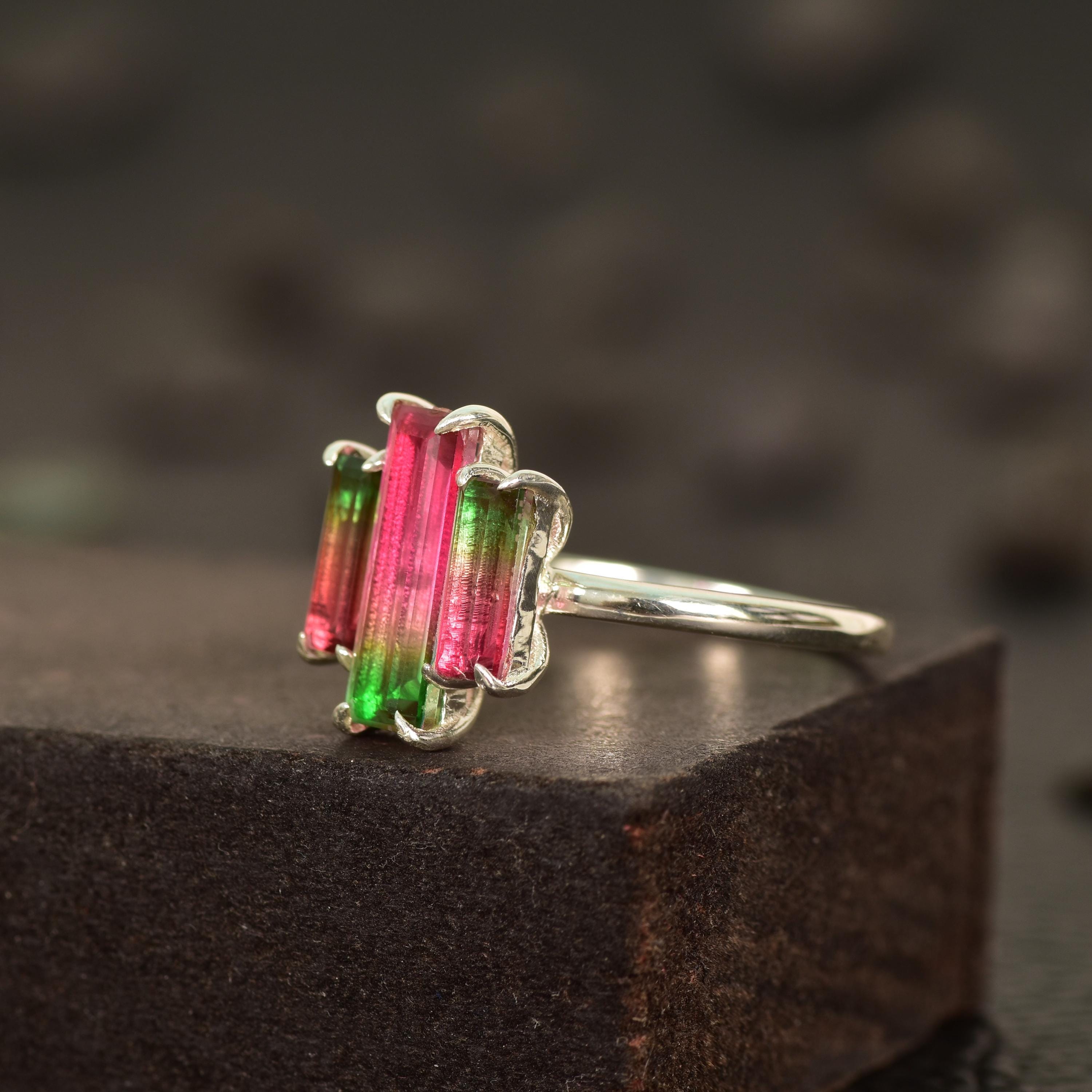 Watermelon Tourmaline Ring, Baguette Engagement Ring, Pink Green Three ...