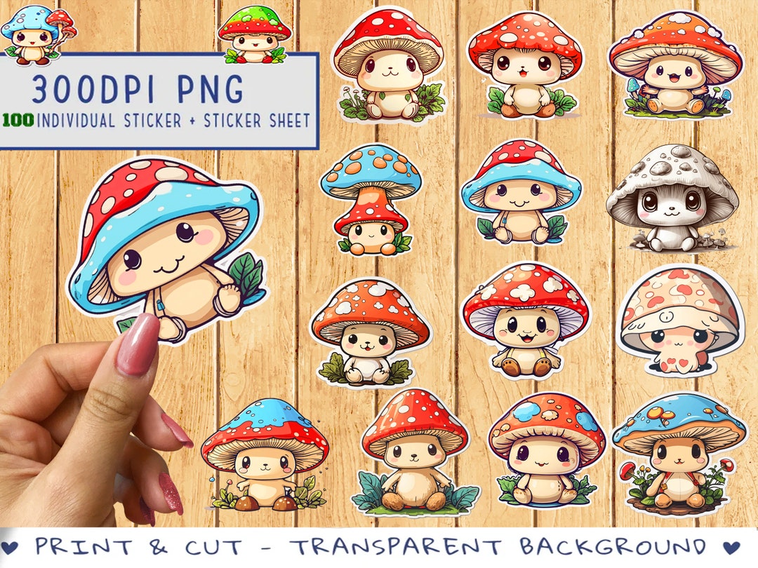 Mushrooms Print ,PNG Stickers, Sticker Png Bundle, Printable Stickers ...