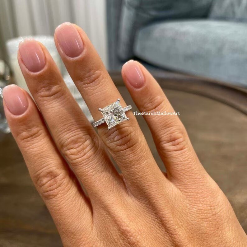 3CT Princess Cut Simulated Stone Wedding Ring / Hidden Halo Bridal ...