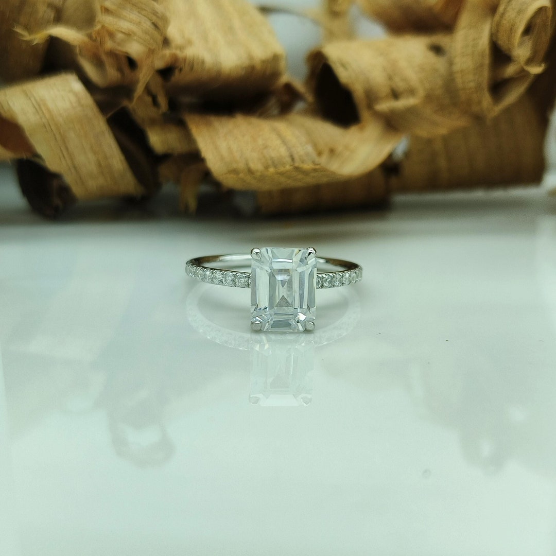 2CT Emerald Cut Simulated Stone Wedding Ring / Four Prong Proposal Ring ...