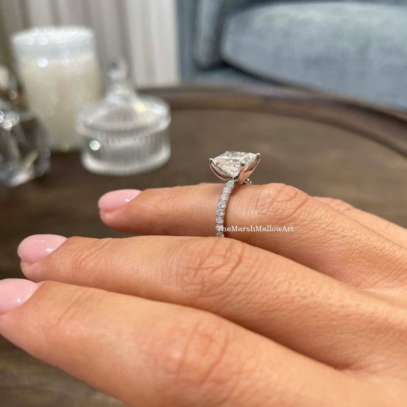 3CT Princess Cut Simulated Stone Wedding Ring / Hidden Halo Bridal ...