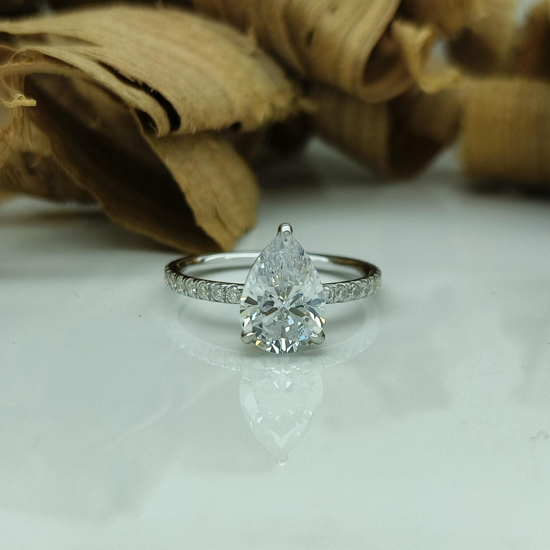 Pave Set Side-stone Pear Lab Created Stone Engagement Ring / 14k White ...