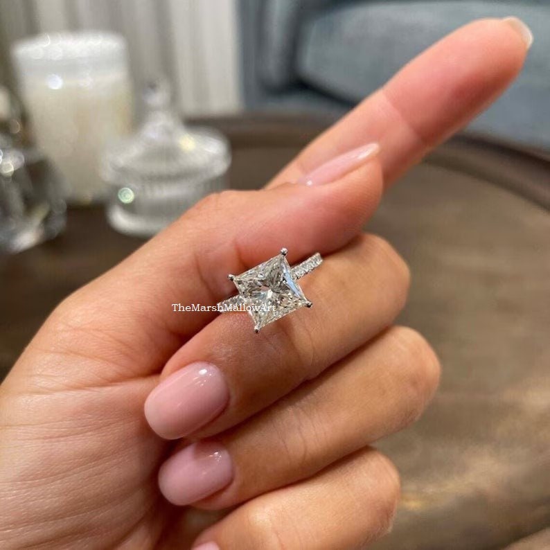 3CT Princess Cut Simulated Stone Wedding Ring / Hidden Halo Bridal ...