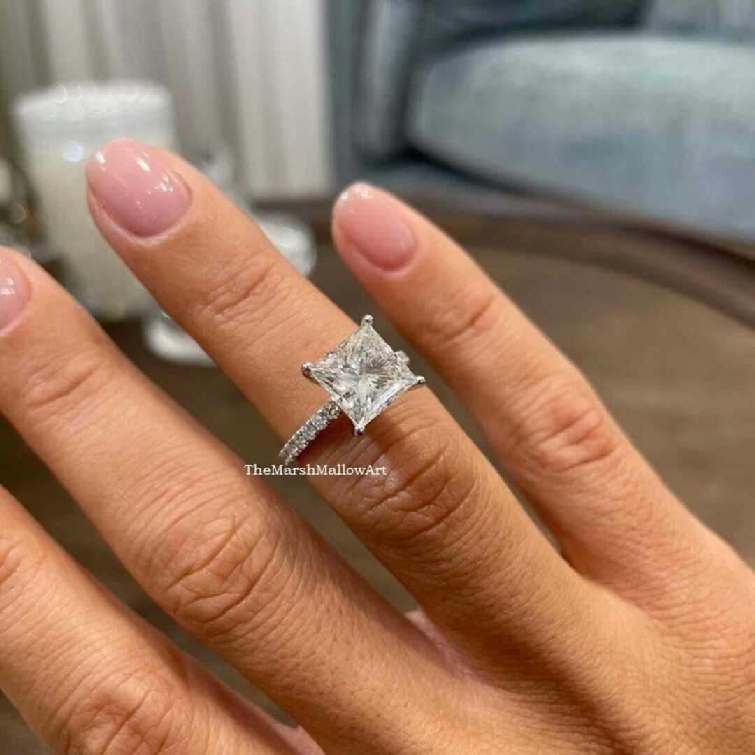 3CT Princess Cut Simulated Stone Wedding Ring / Hidden Halo Bridal ...