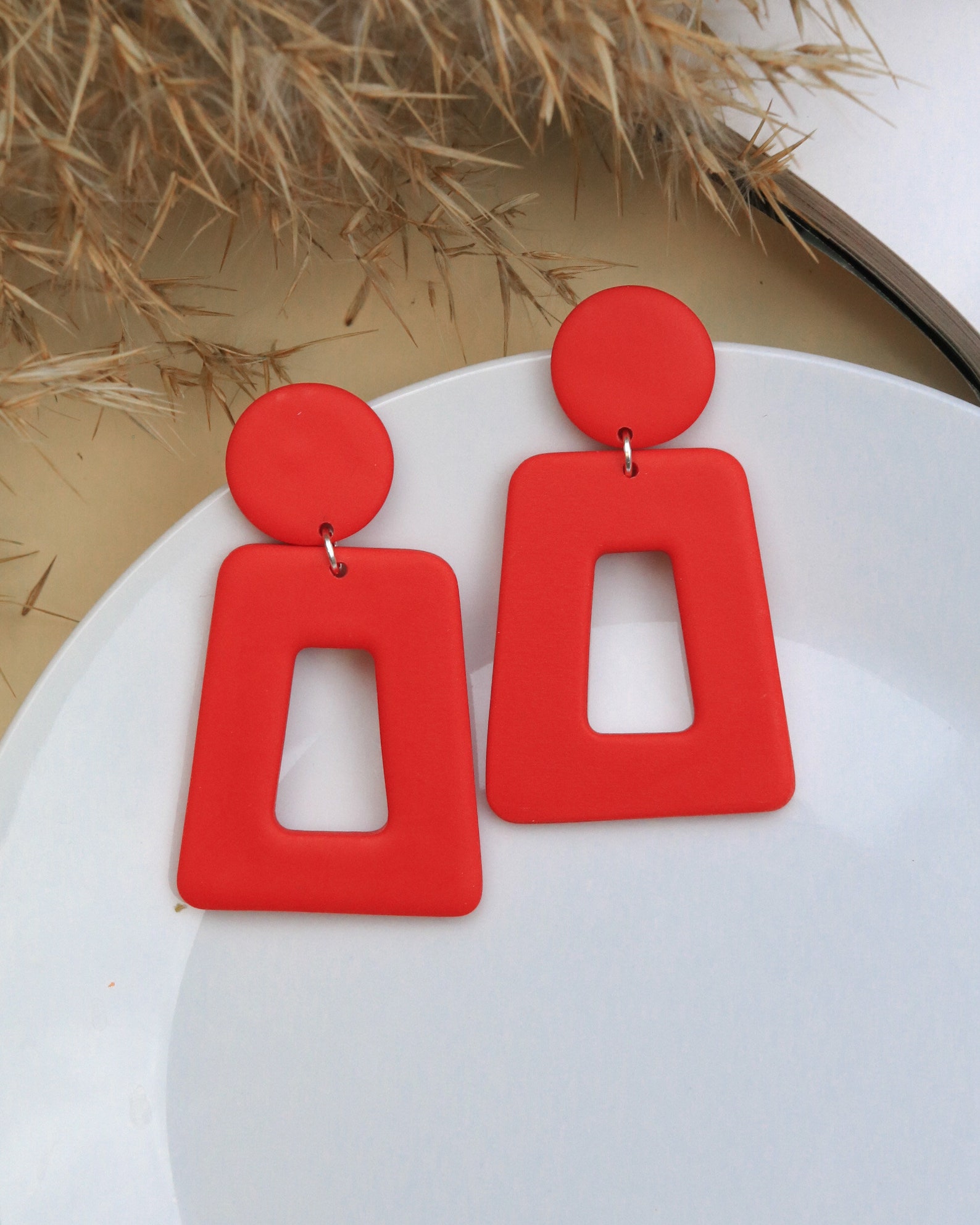 Red Retro Style Earrings - 60s, 70s Bright Red Earrings - Trapezium ...