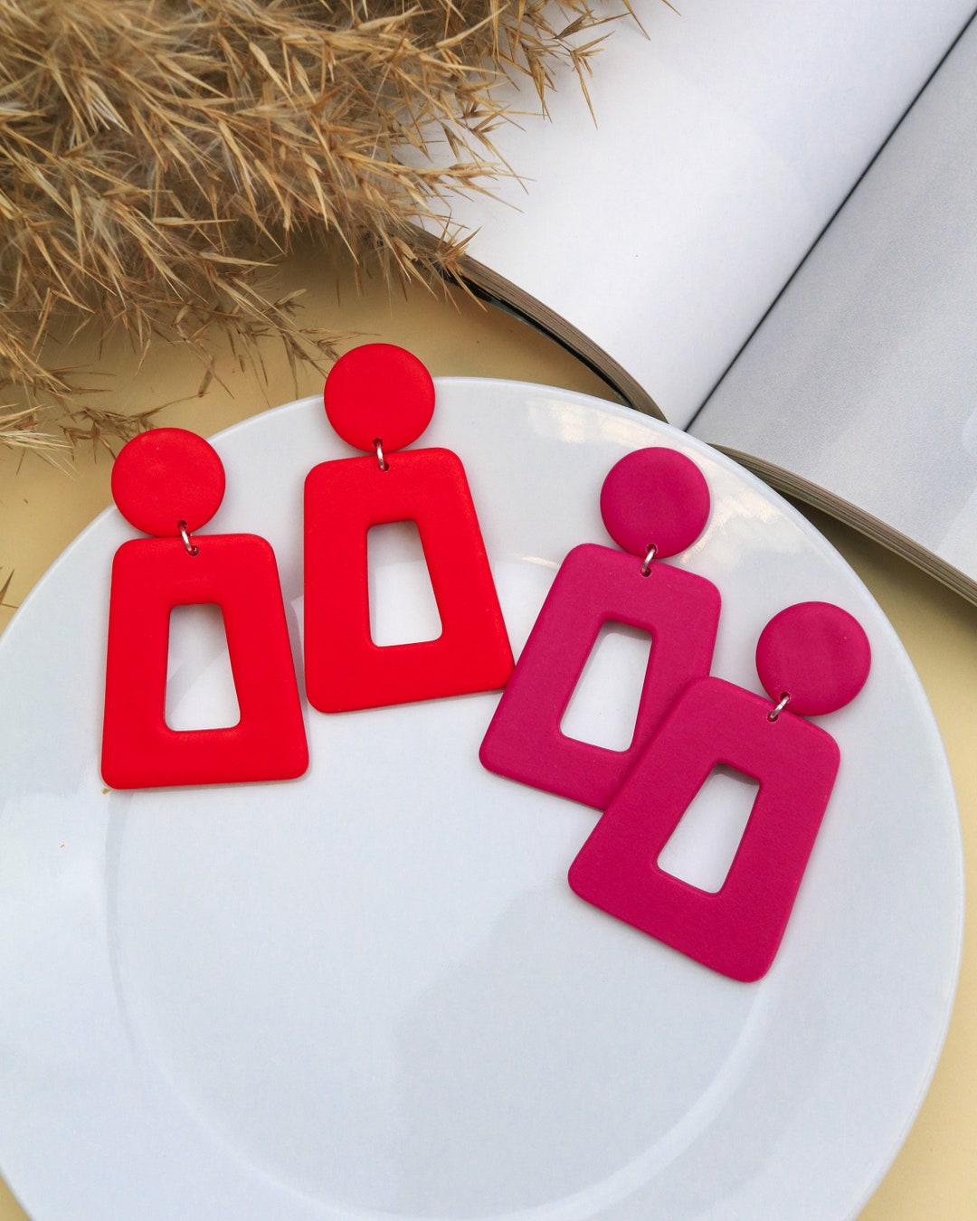 Red Retro Style Earrings 60s 70s Bright Pink Earrings - Etsy