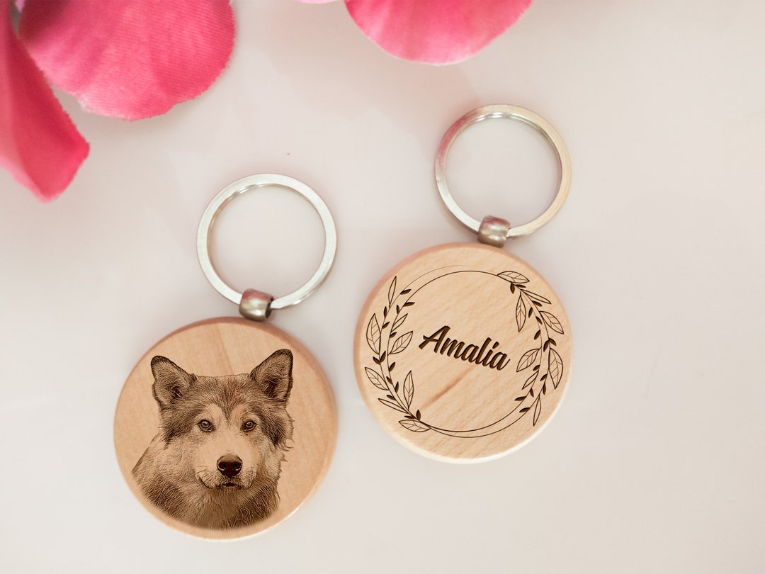 Pet Portrait Key Chain Custom Pet Photo Name Engraved Key Ring Pet ...