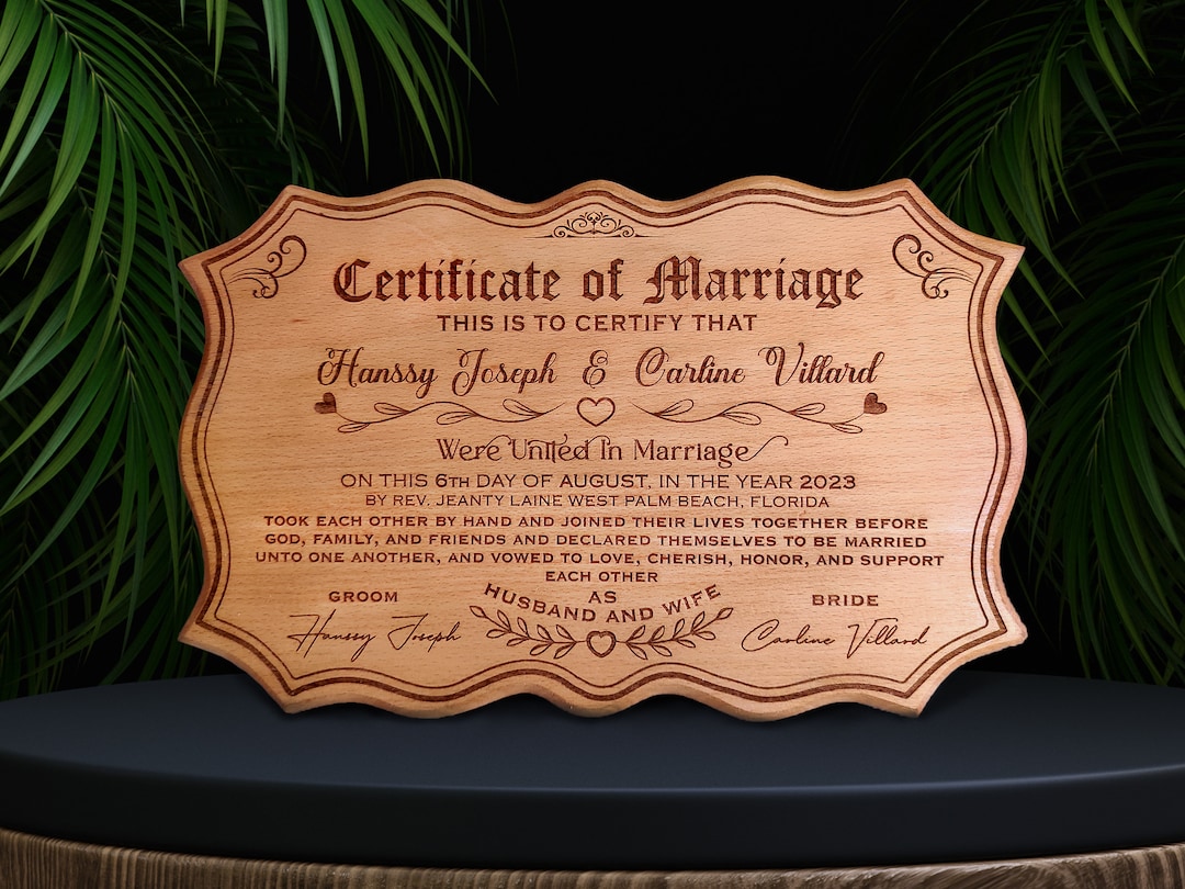 Engraved Marriage Certificate, Wedding Keepsake, Wooden Carved ...