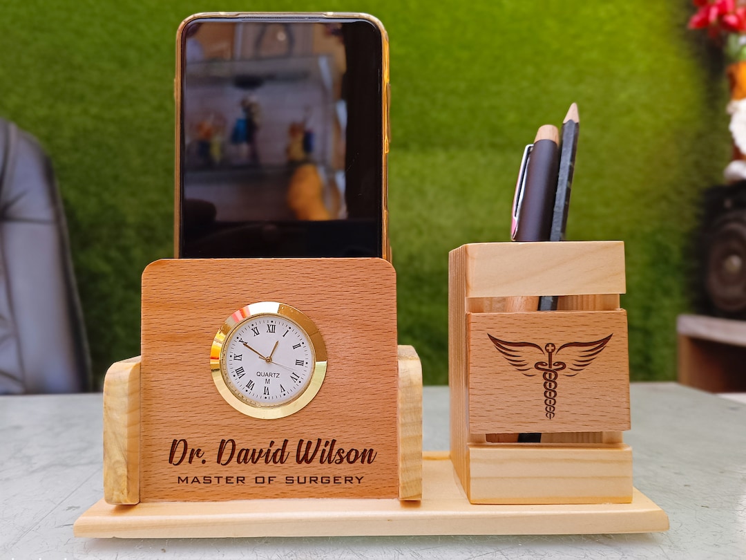 Personalized Wooden Desk Organizer: Doctor, Nurse Gift With Clock - Etsy