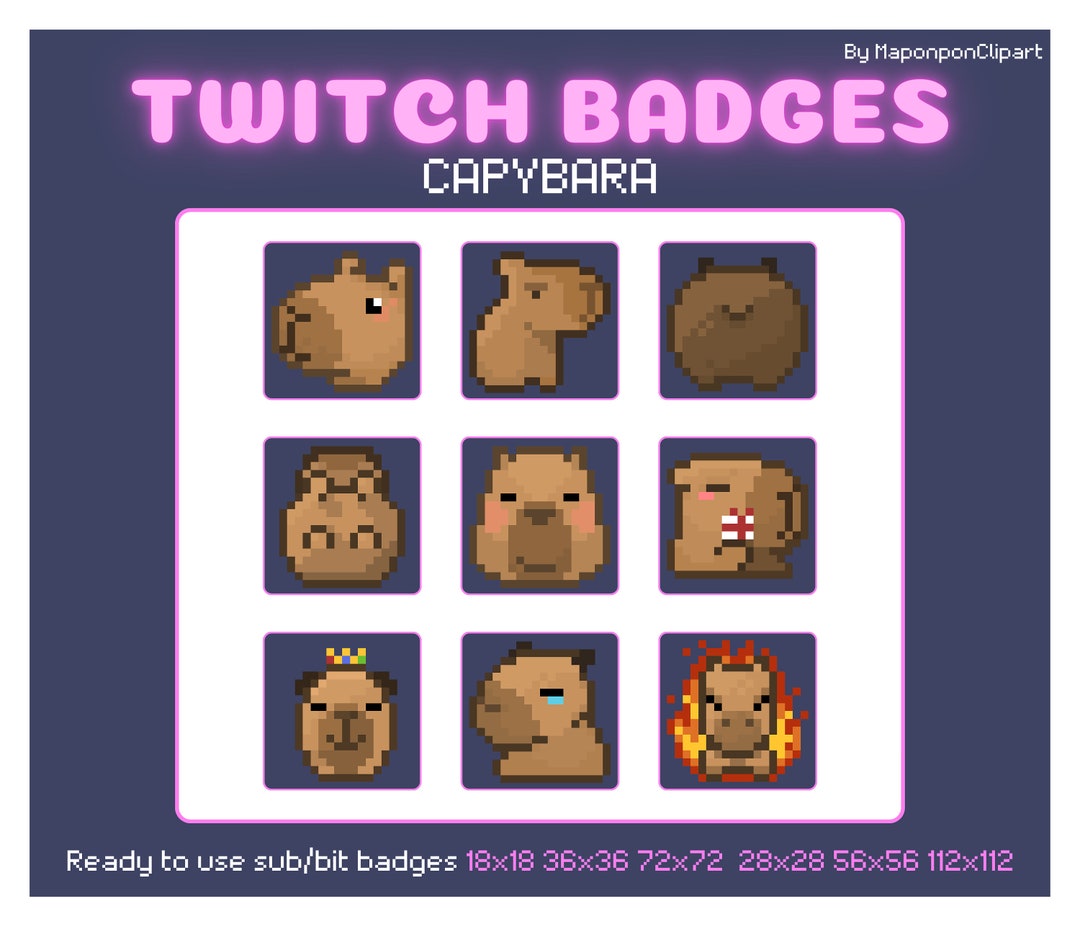 Capybara Twitch Badges and Emotes in Pixel Art, Sub Badges and Channel ...