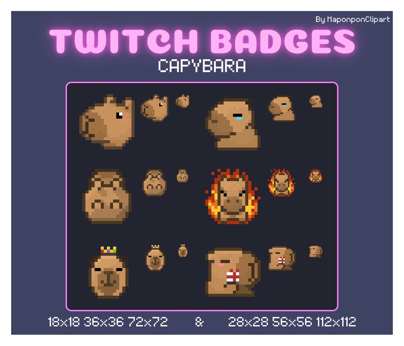 Capybara Twitch Badges and Emotes in Pixel Art, Sub Badges and Channel ...