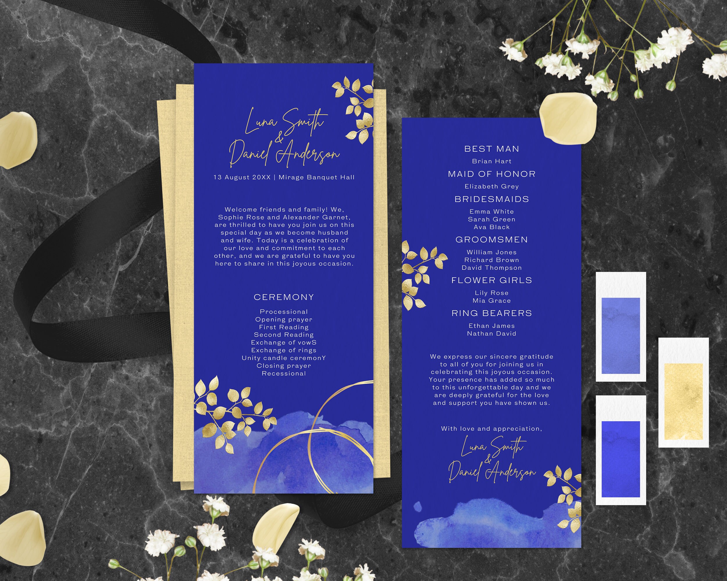 Wedding Program Template Gold Rings Leave, Editable Navy Blue ...