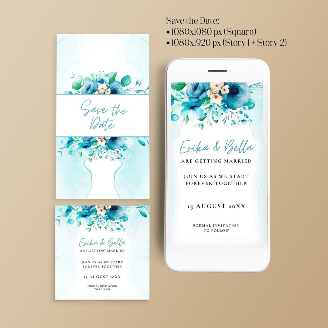 Electronic Save the Date Turquoise Flowers, Editable Ocean Breeze ...
