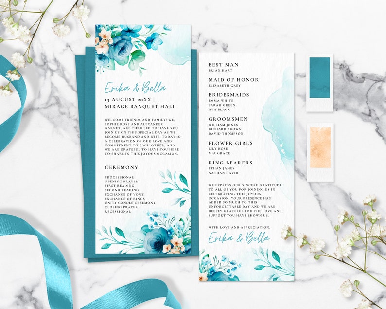 Wedding Program Template Blue Turquoise Flowers, Editable Digital Ocean ...