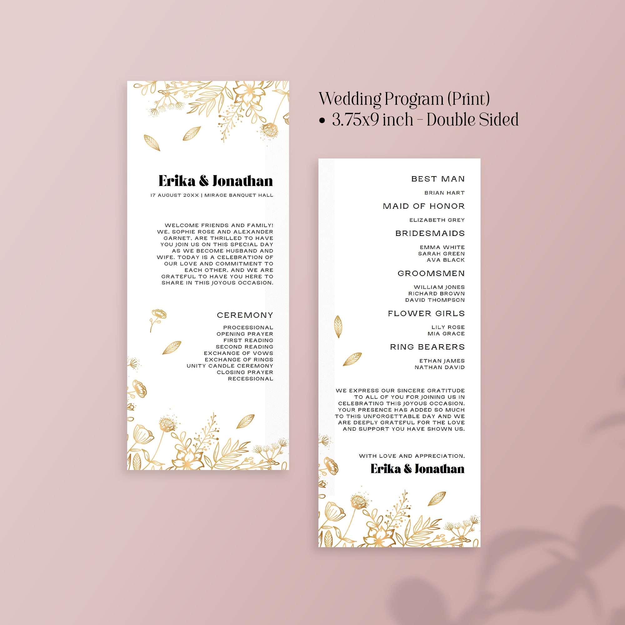 Wedding Program Template Golden Flowers, Editable Gold Yellow Flowers ...