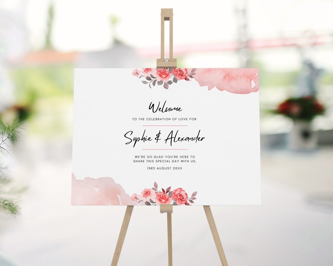 Pastel Roses Welcome Sign, Printable Pink Roses Watercolor Welcome to ...