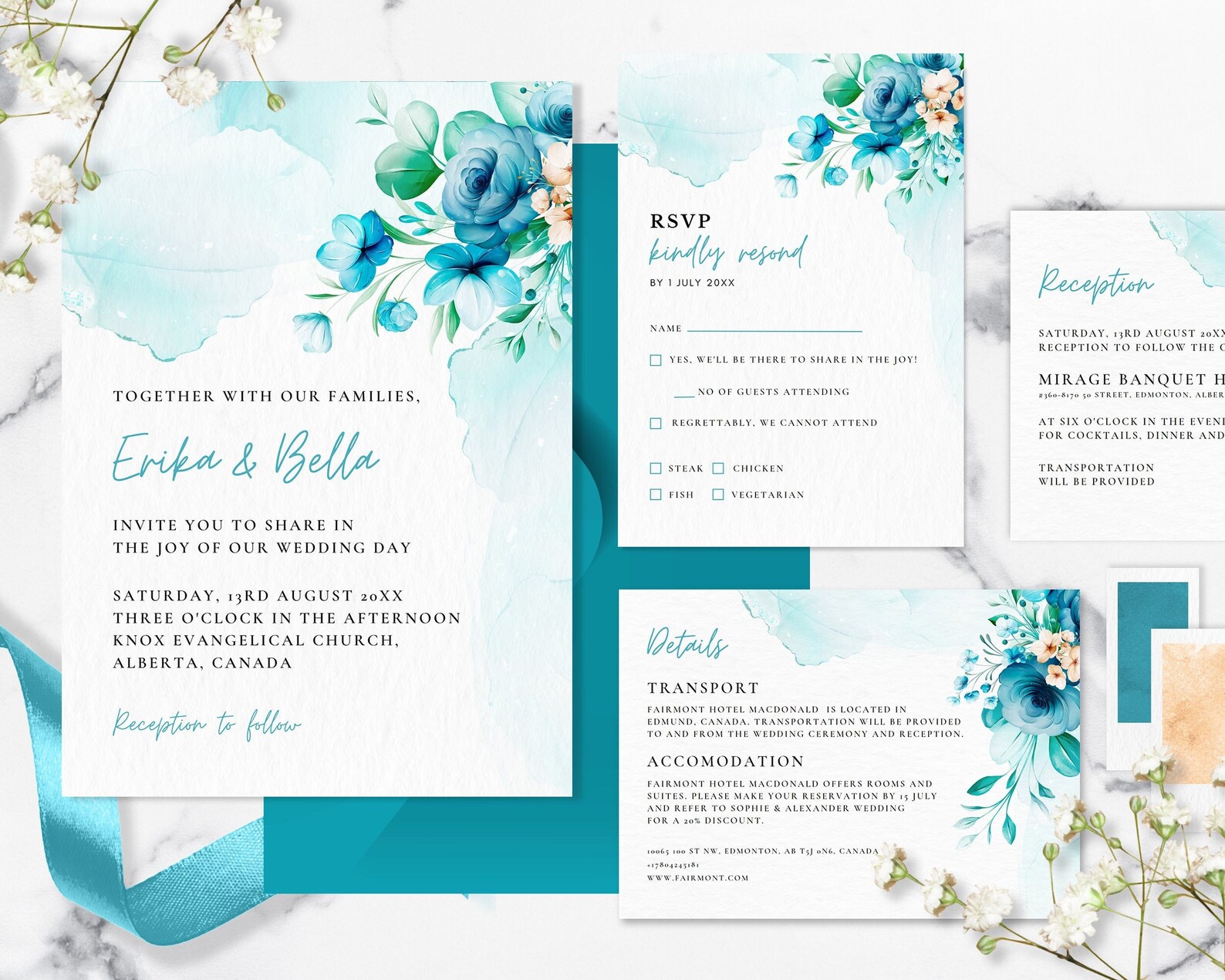 Wedding Invitation Set Template Turquoise Flowers, Editable Ocean ...