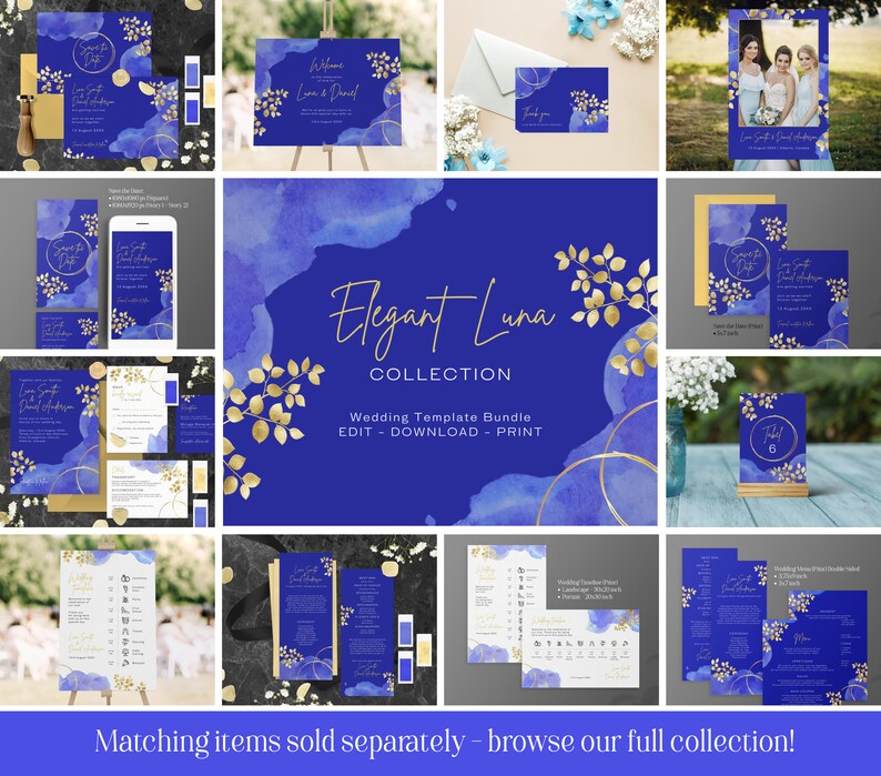 Wedding Program Template Gold Rings Leave, Editable Navy Blue ...