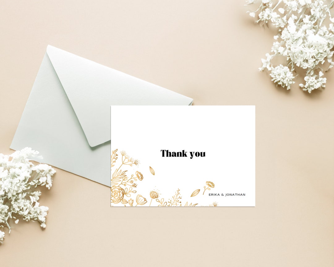Golden Flowers Thank You Note Card Template, Printable Wedding Gold ...