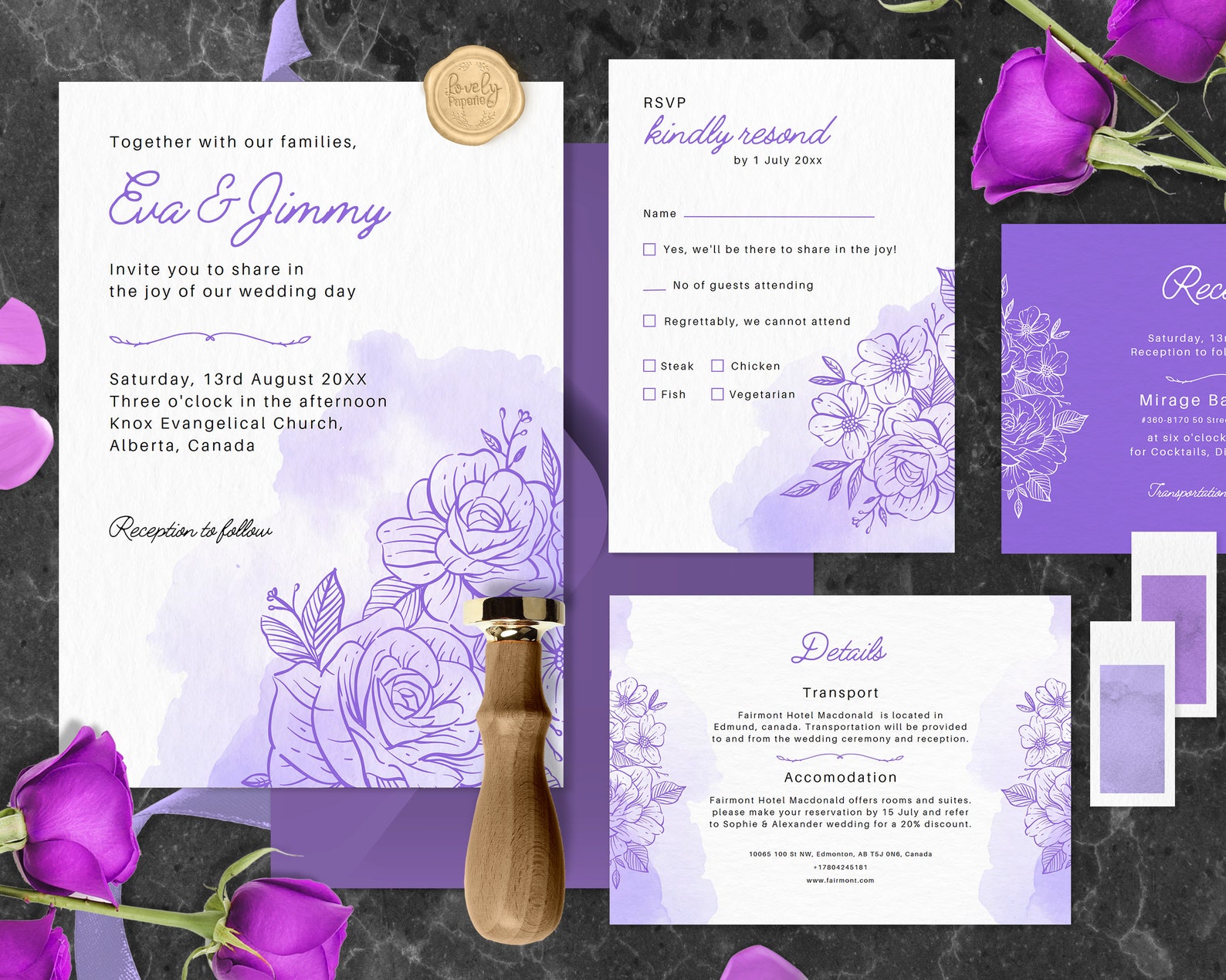 Wedding Invitation Set Template Pastel Purple Flowers, Editable Purple ...