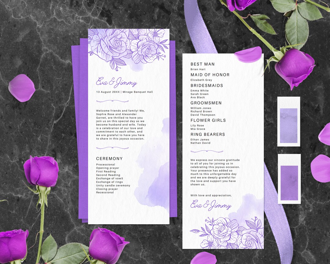 Wedding Program Template Pastel Purple Flowers, Editable Purple ...
