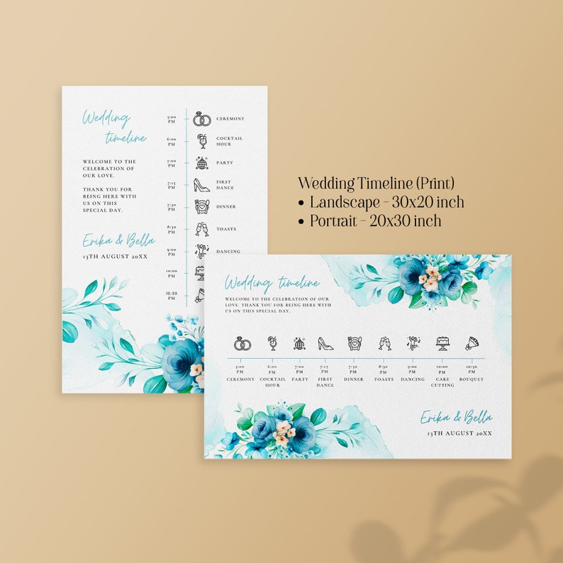 Línea de tiempo de la boda flores azules turquesas, signo de orden de ...