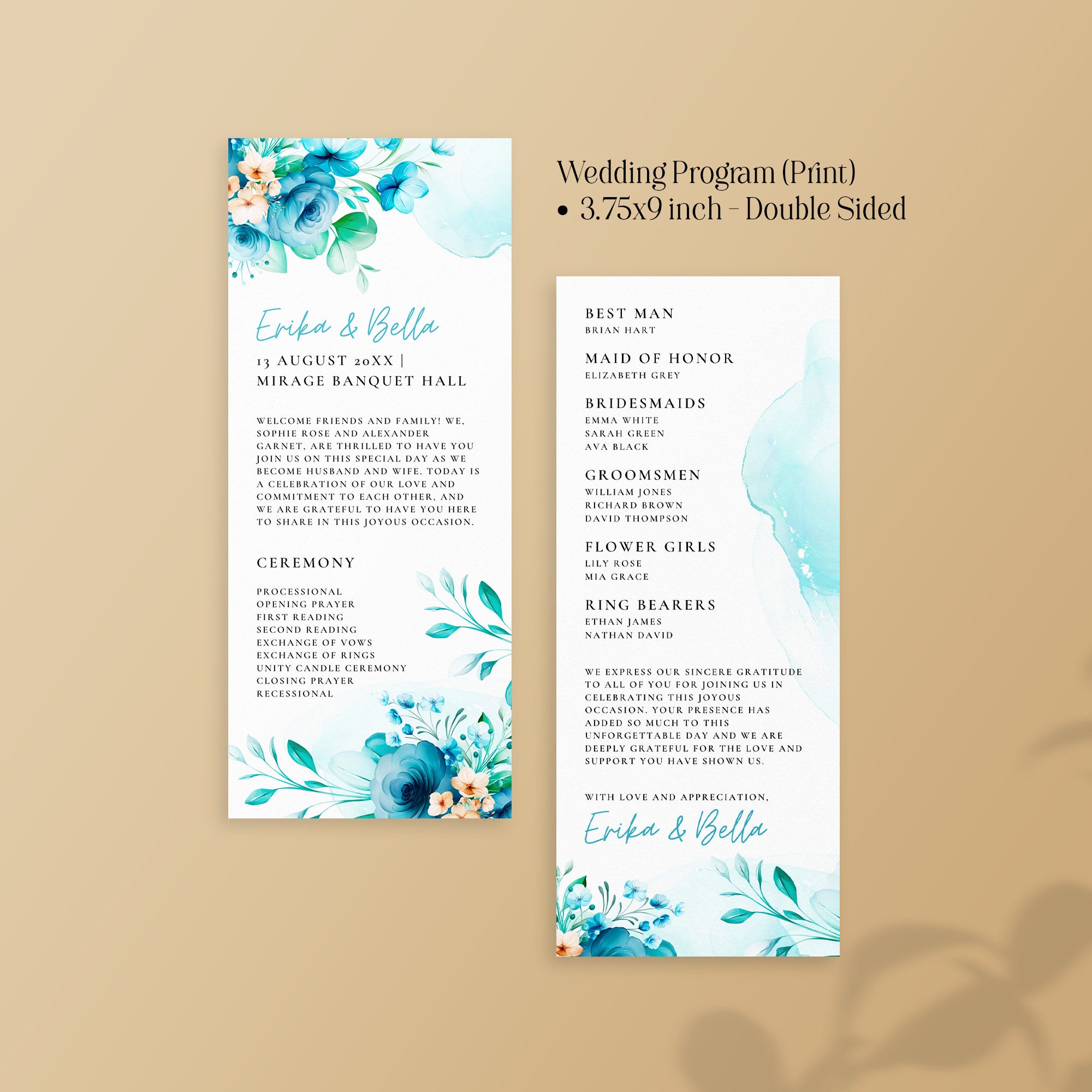 Wedding Program Template Blue Turquoise Flowers, Editable Digital Ocean ...