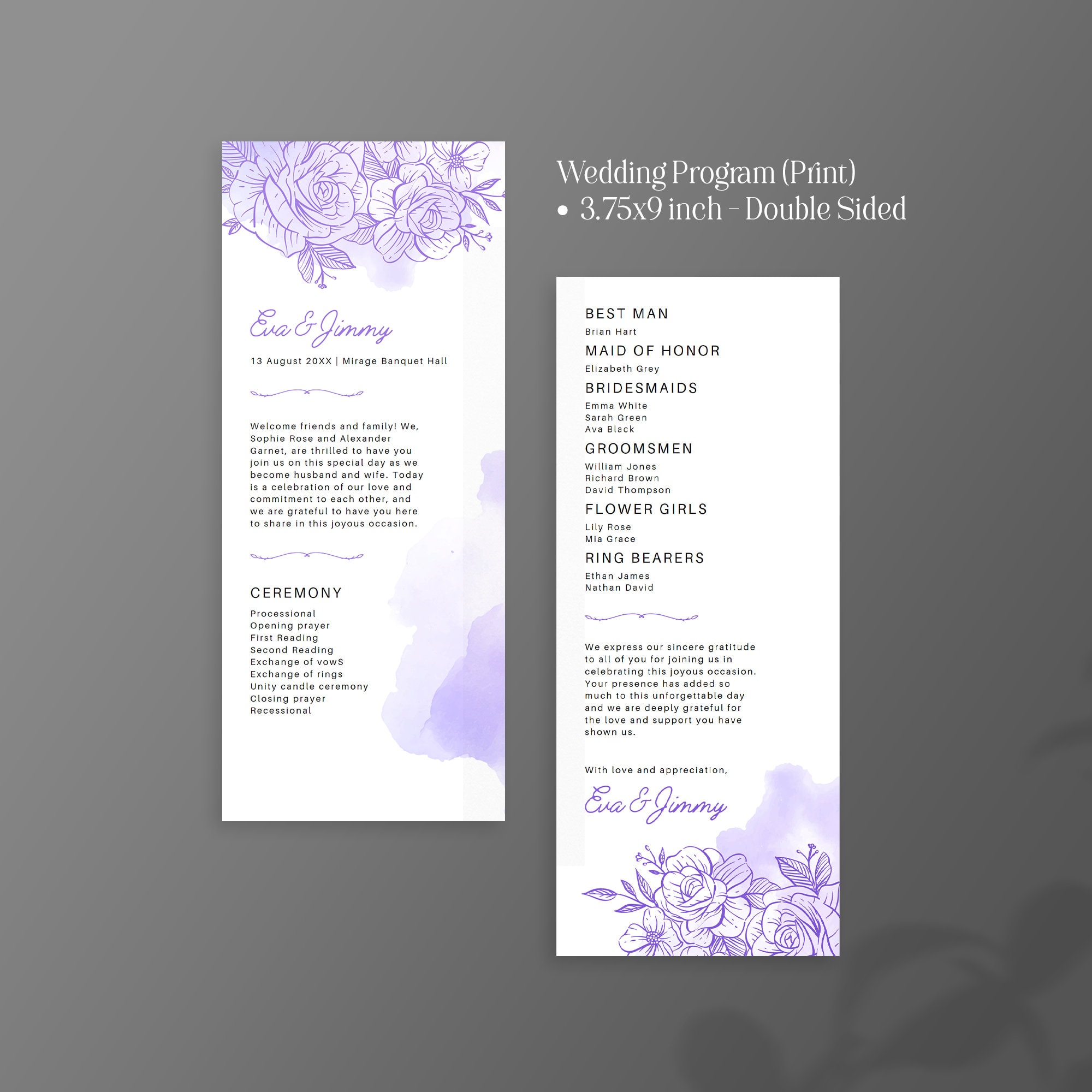 Wedding Program Template Pastel Purple Flowers, Editable Purple ...