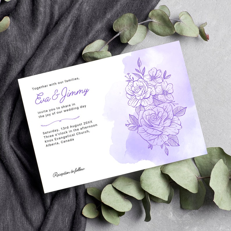 Wedding Invitation Set Template Pastel Purple Flowers, Editable Purple ...