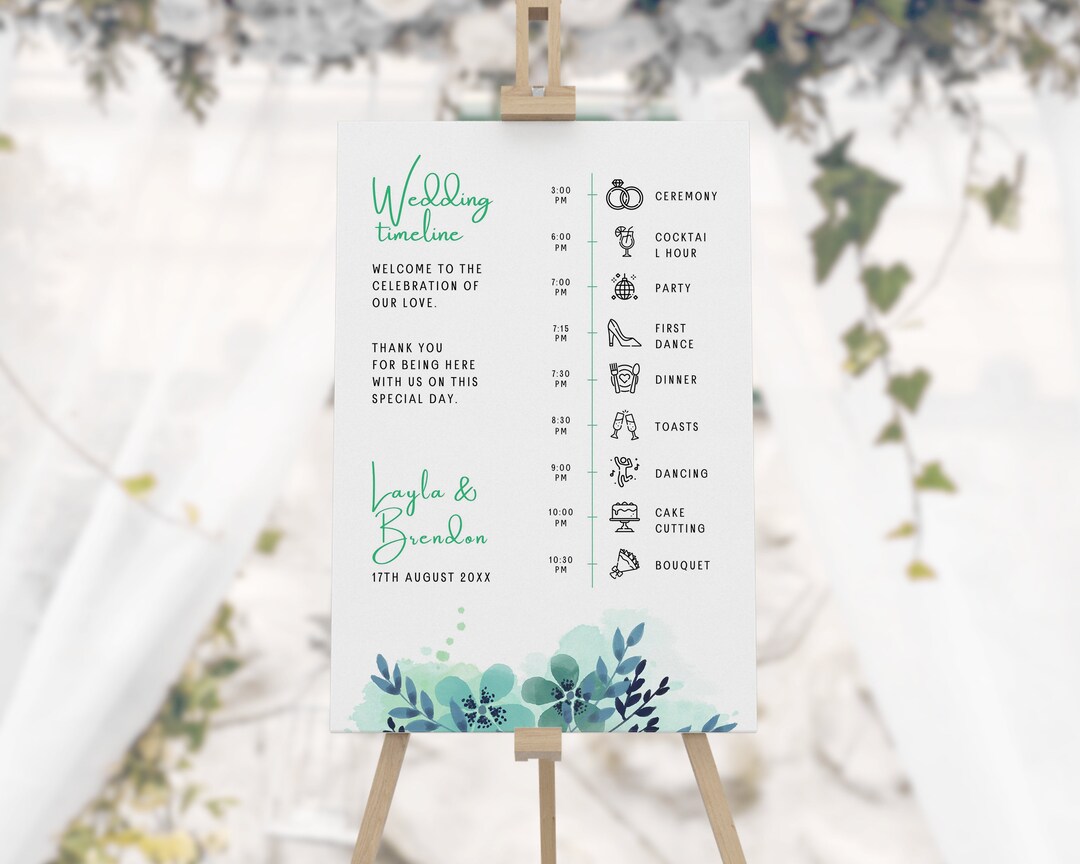 Wedding Timeline Green Pastel Flowers, Printable Watercolor Flowers ...