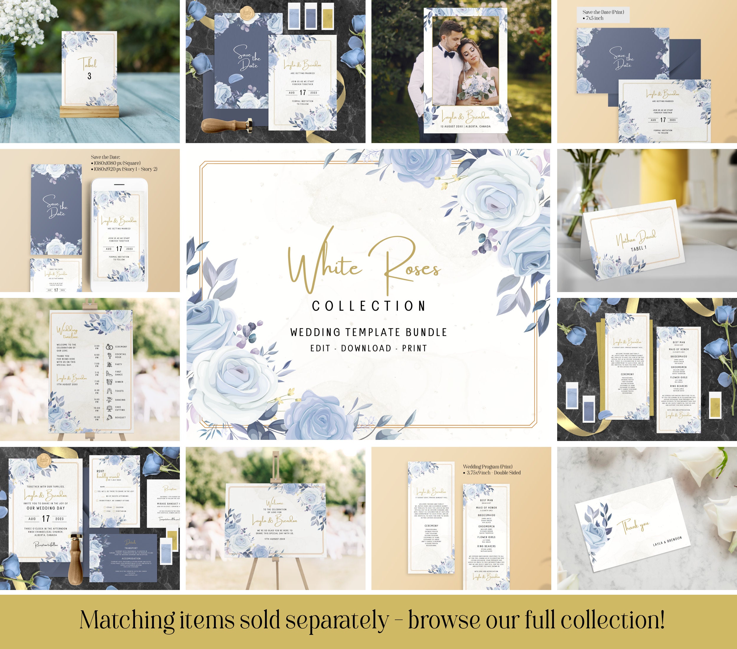 Wedding Program Template Gentle White Roses, Editable Gold Watercolor ...