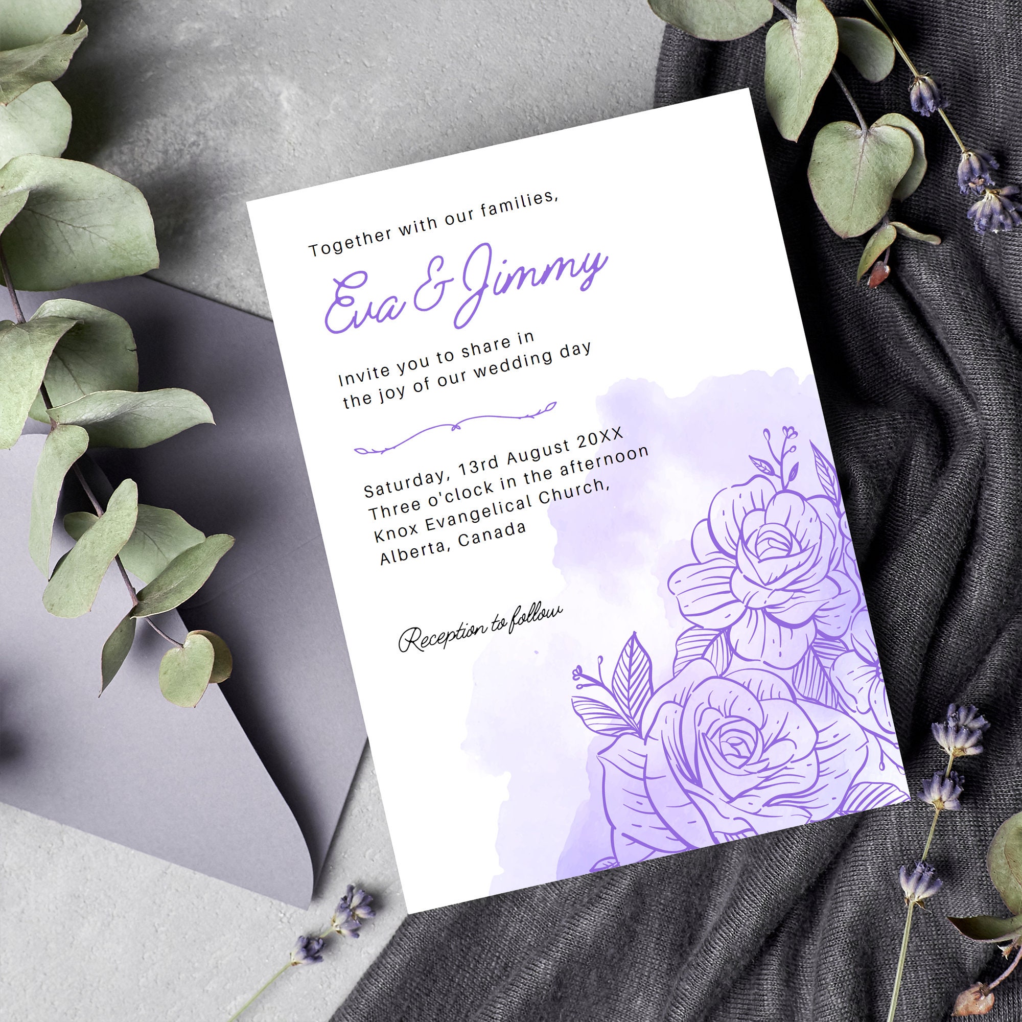 Wedding Invitation Set Template Pastel Purple Flowers, Editable Purple ...