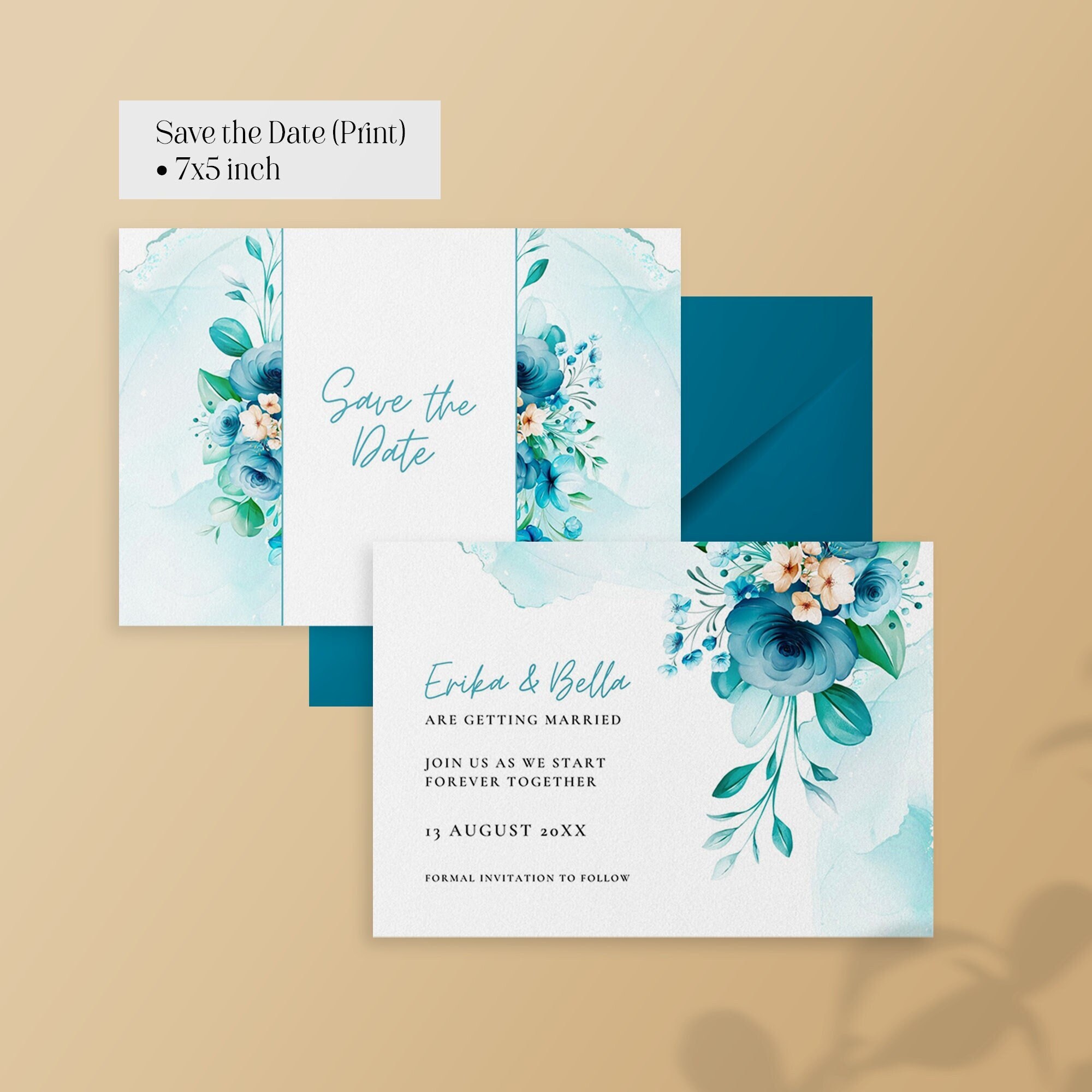 Editable Save the Date Blue Turquoise Flowers, Editable Ocean Breeze ...