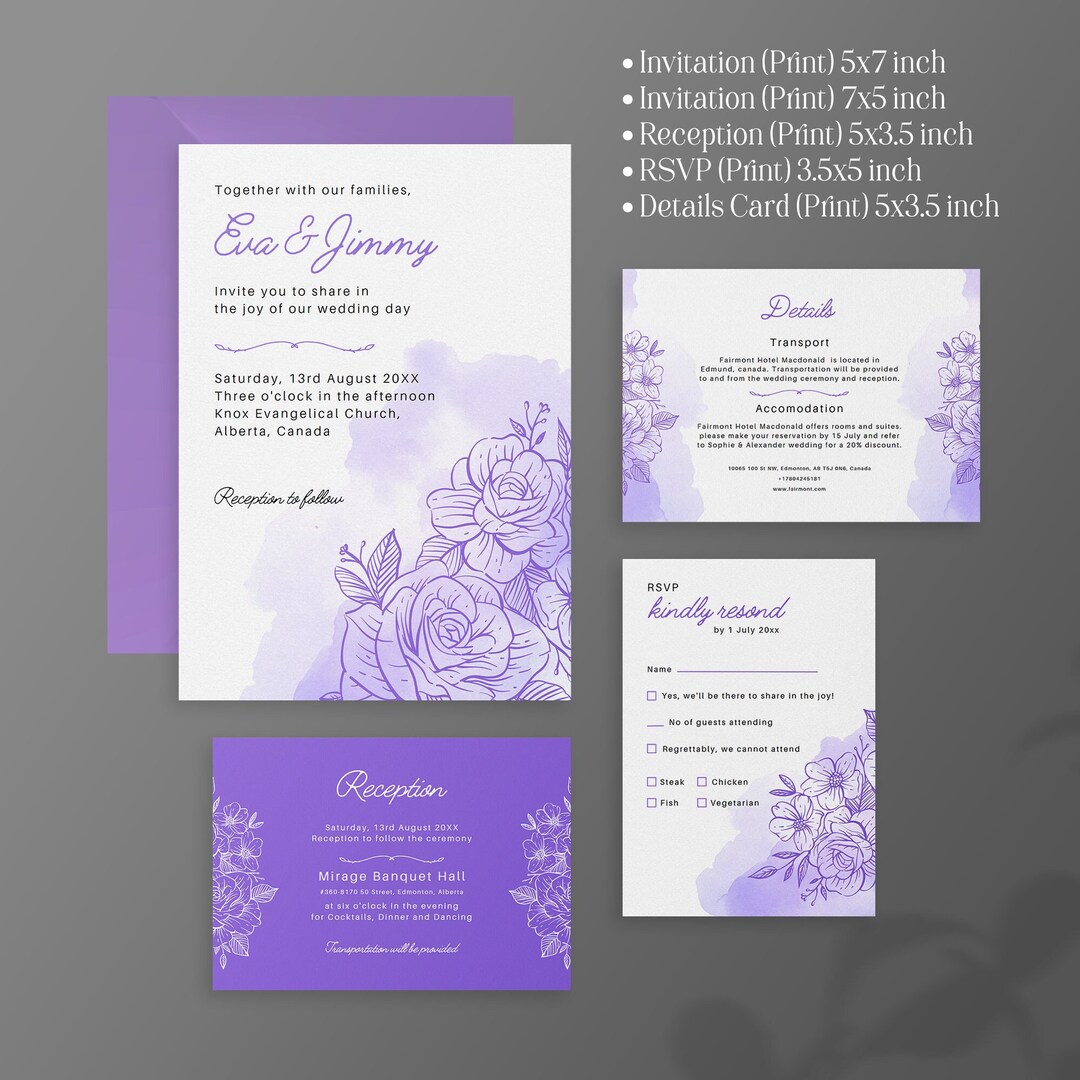 Wedding Invitation Set Template Pastel Purple Flowers, Editable Purple ...