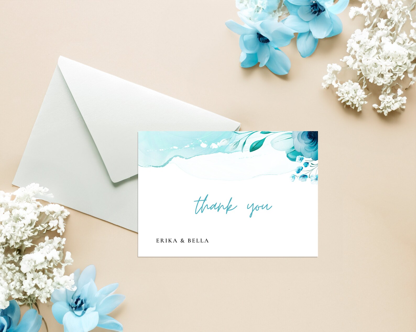 Wedding Invitation Set Template Blue Turquoise Flower, Printable Ocean ...