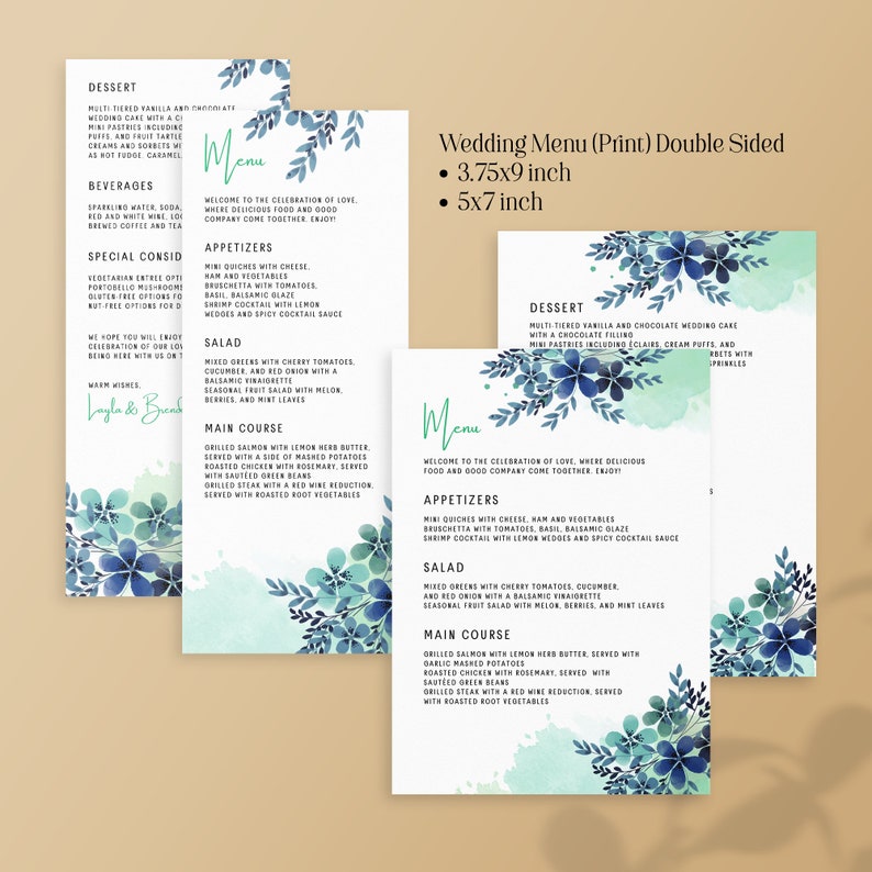 Editable Wedding Menu Template Green Pastel Flowers, Watercolor Flowers ...