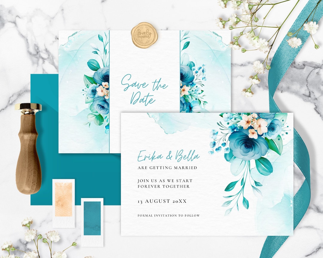 Editable Save the Date Blue Turquoise Flowers, Editable Ocean Breeze ...