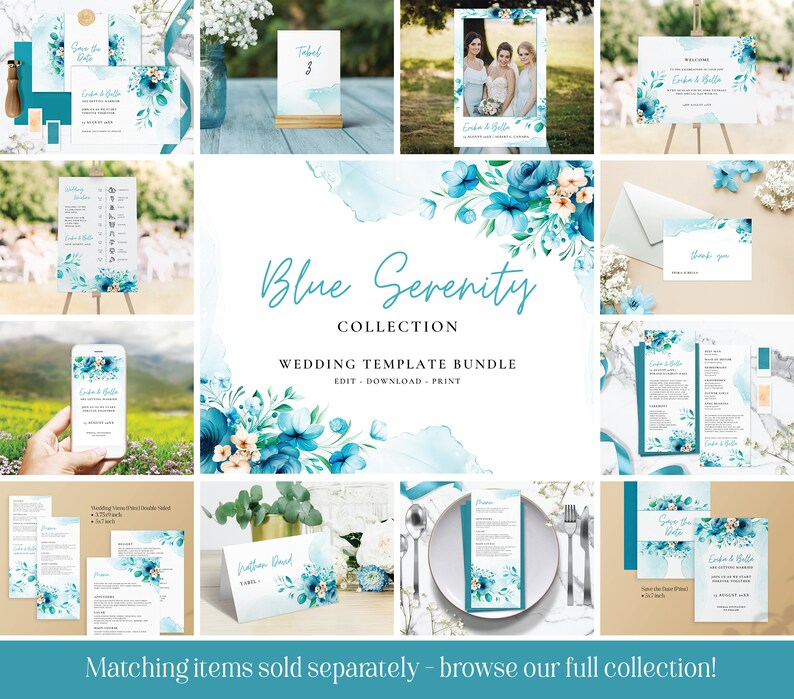 Wedding Program Template Blue Turquoise Flowers, Editable Digital Ocean ...